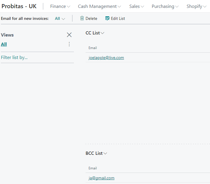 Business Central: Default Cc & Bcc Email Addresses - Probitas